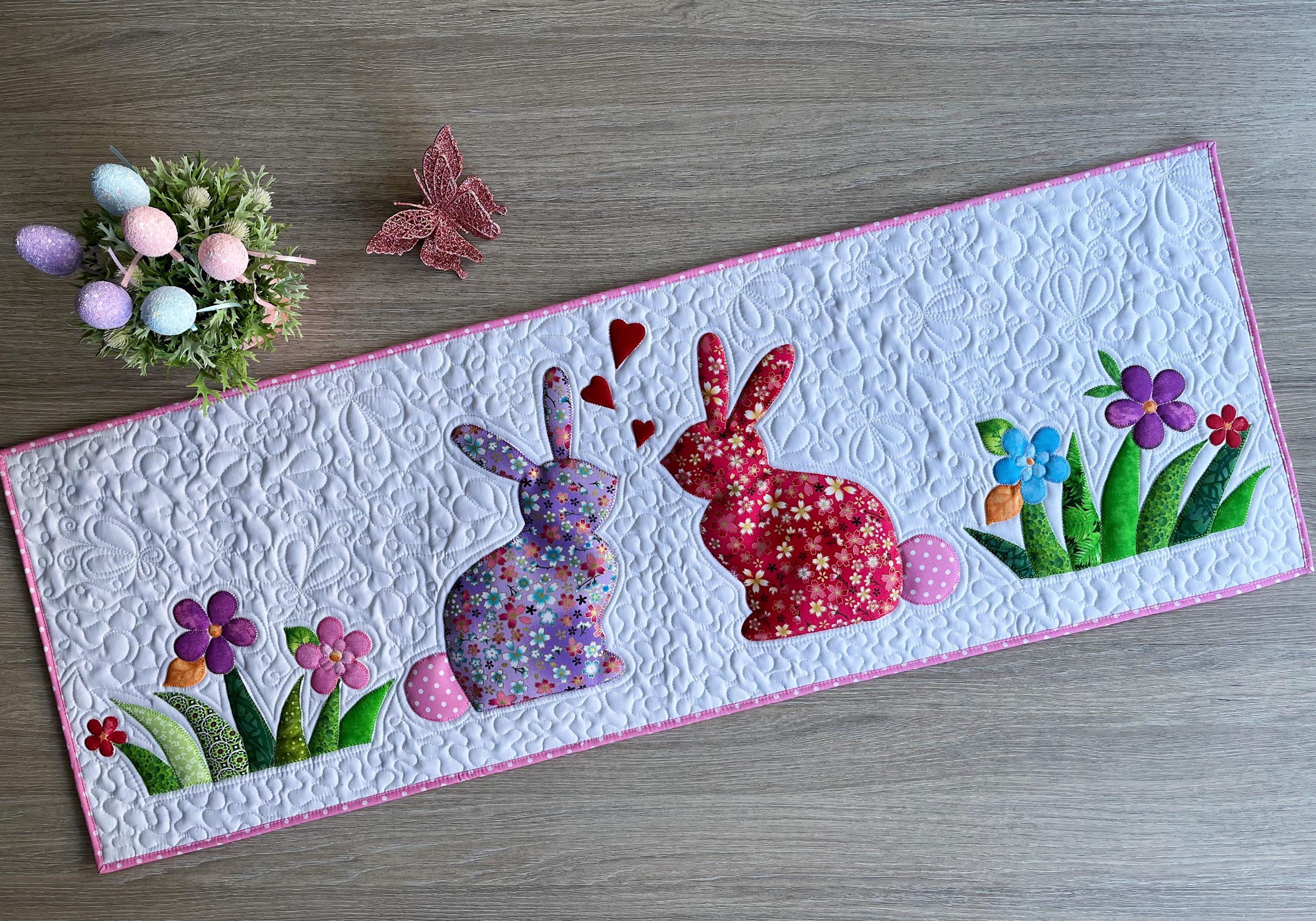 Handmade Easter Table Runner With Bunnies and Flowers, Appliqué and ...