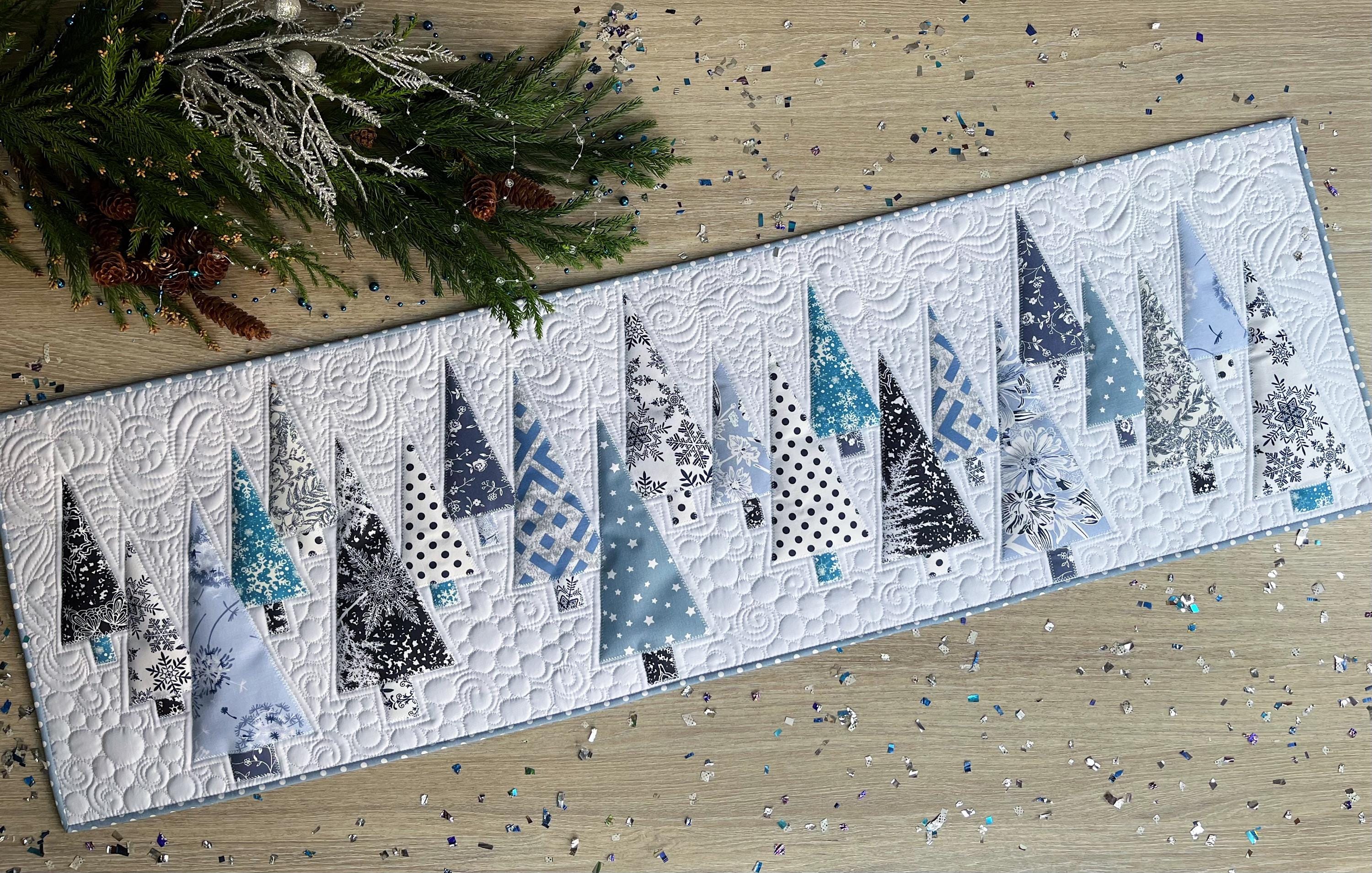 Winter Wonderland Quilted Table Runner: Blue Snowy Forest Decor, 16x54 ...
