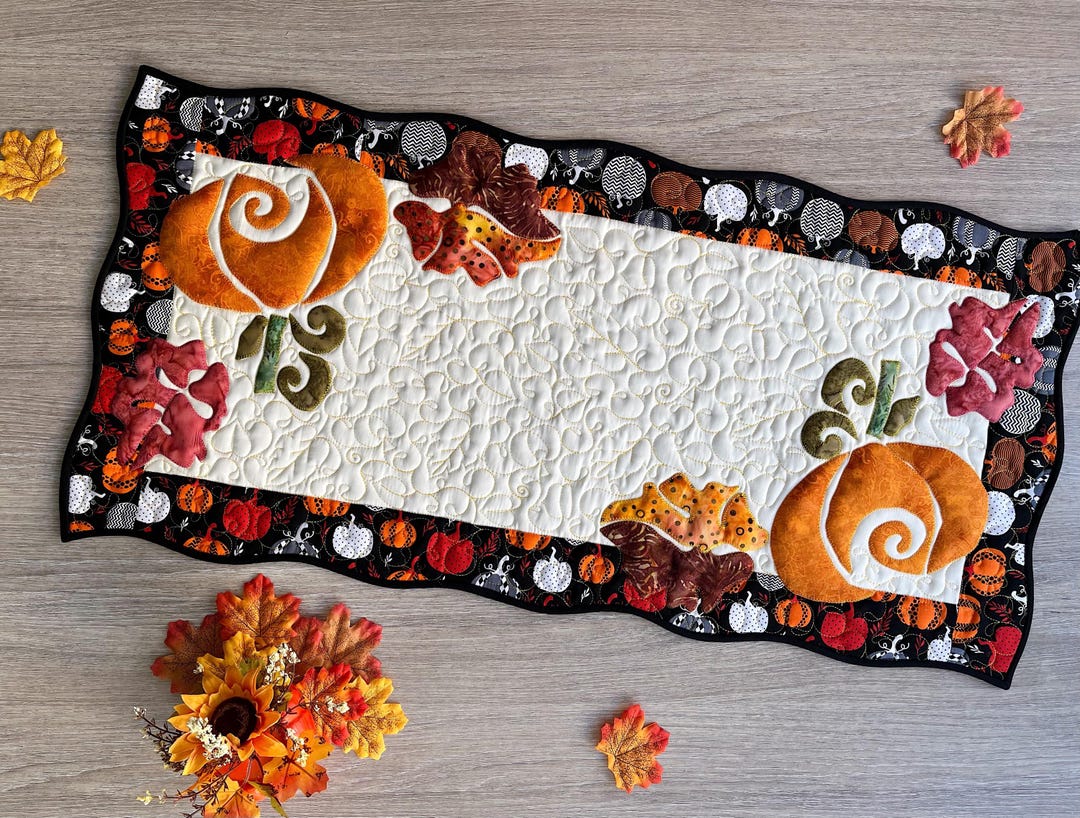 Quilted Autumn Table Runner – Handmade Pumpkin and Leaf Appliqué, Fall ...