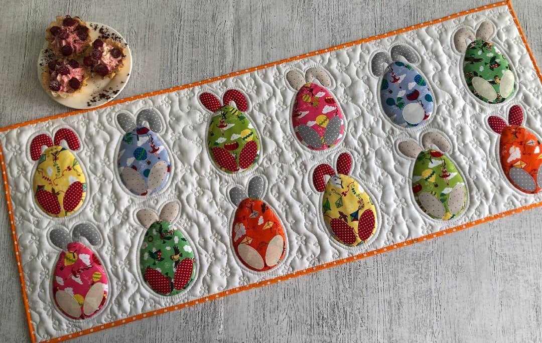 Quilted Easter Eggs-bunnies Table Runner, Quilted Handmade, Funny Bunnies Bed Topper, Spring ...