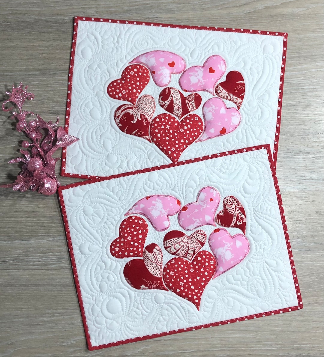 Quilted Valentines Day Placemats, Set of 6, Red Hearts Quilt, Mothers ...