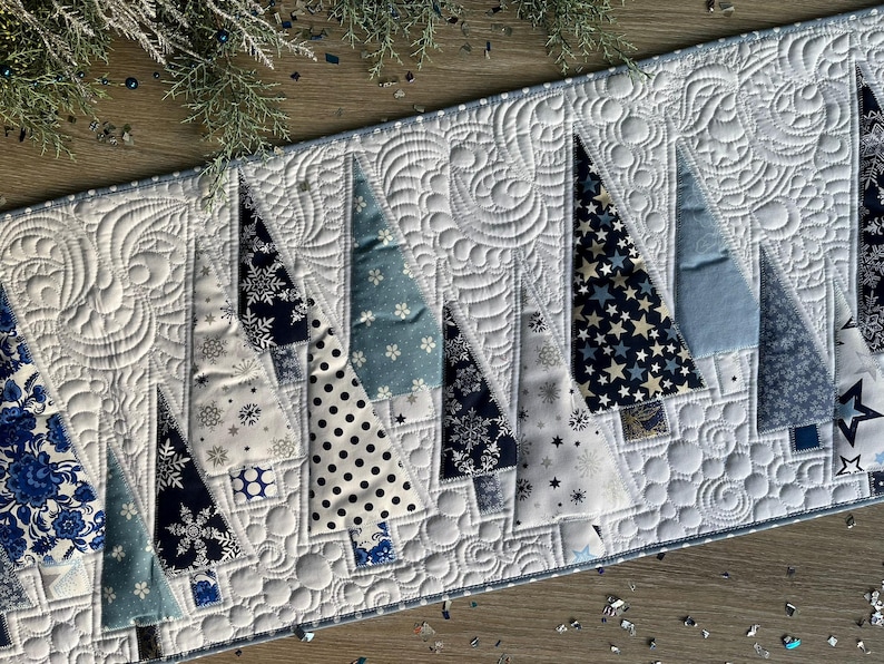 Winter Wonderland Quilted Table Runner: Blue Snowy Forest Decor, 16x54 ...