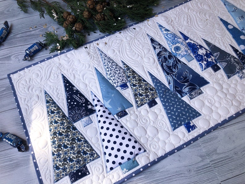 Christmas Quilted Table Runner Blue Table Topper Xmas Blue - Etsy