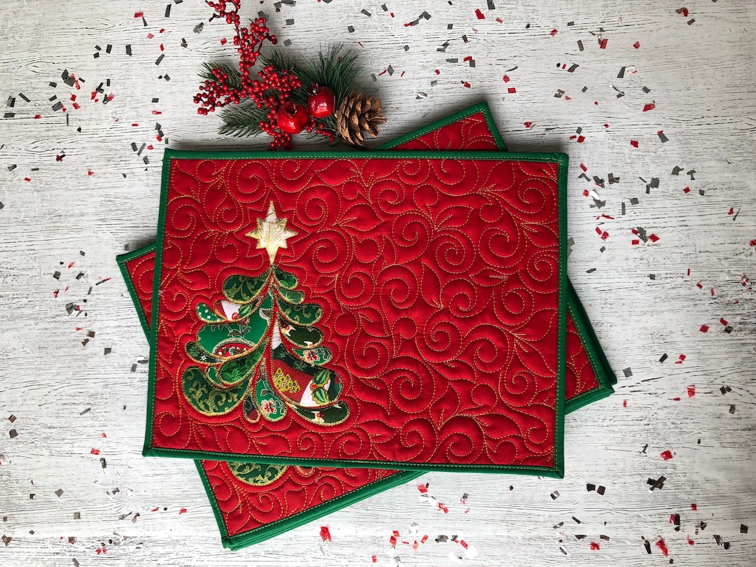 Quilted Christmas Placemats, Set of Six, Christmas Tree Quilted ...
