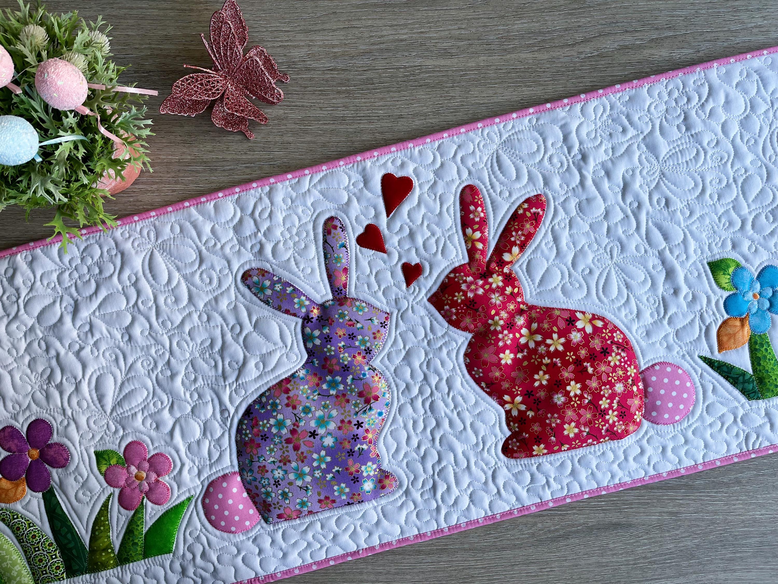 Handmade Easter Table Runner With Bunnies and Flowers, Appliqué and ...