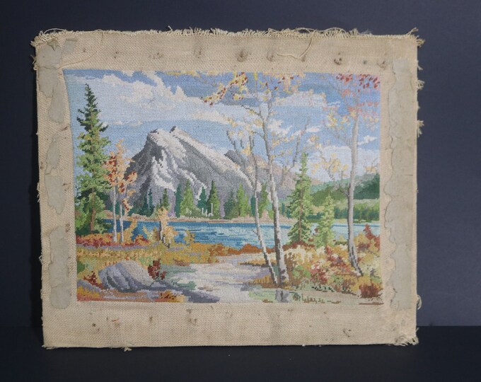 Vintage Finished Petite Point Mountain Scene Wall Art Stitched Picture ...