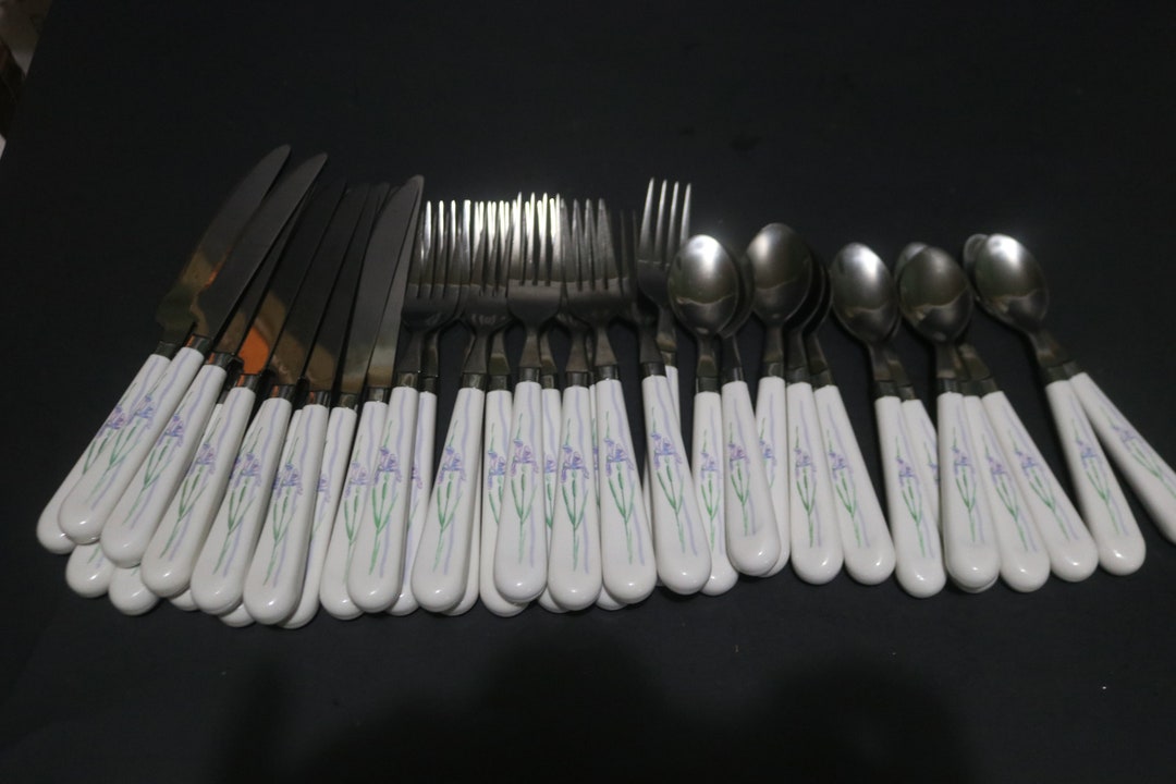 36 Pieces Corelle Shadow Iris Flatware Includes Knives, Dinner Forks ...