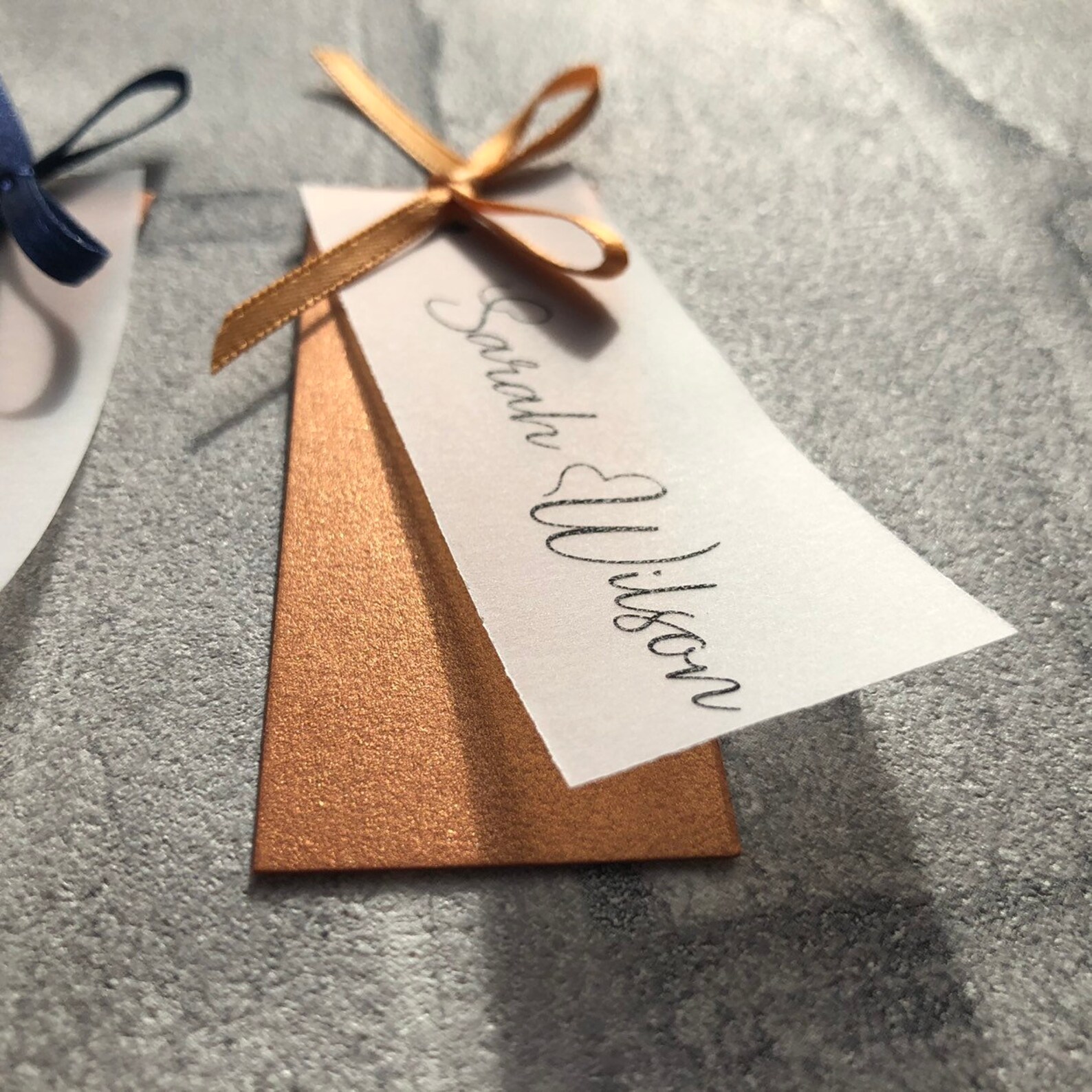 Name Place Cards With Vellum Overlay and Ribbon, Custom Made COPPER ...
