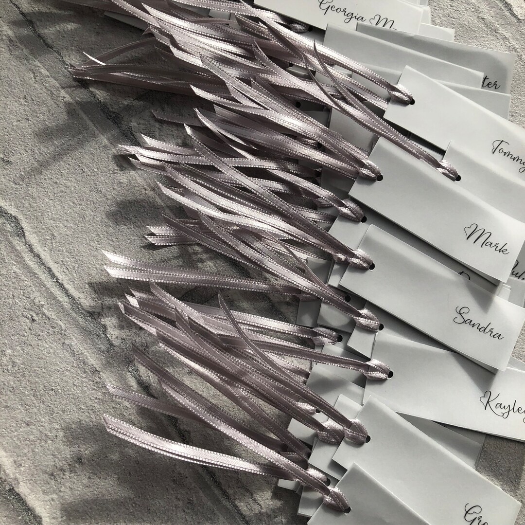 Sample Grey and Silver Wedding Name Place Cards, Vellum, Ribbon, Silver ...