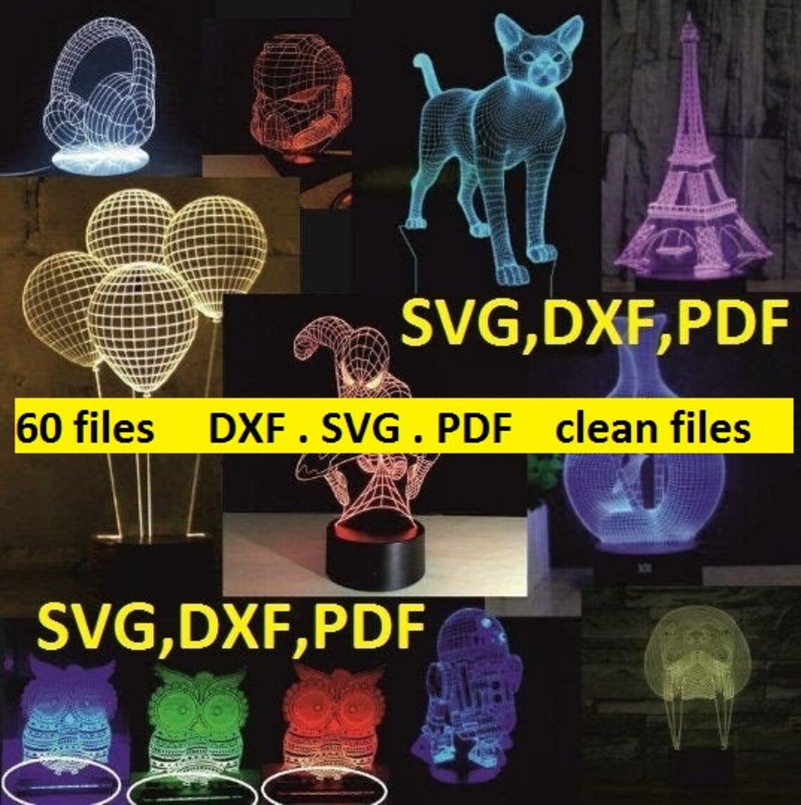 60 file 3D lamp LED Night light Vector 3D illusion acrylic | Etsy