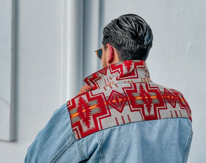 Denim Jacket With Red Embroidered Native Pattern, Custom Made Denim ...