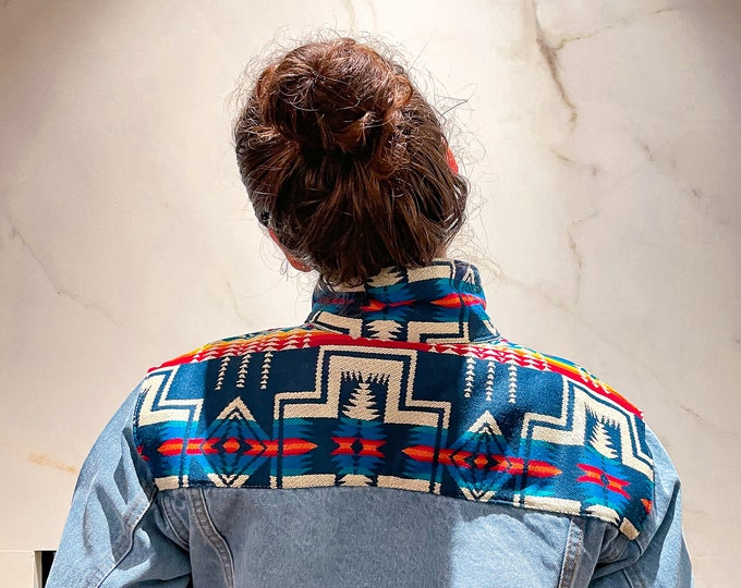 Ripped Denim Jacket Southwest Stitched Embroidered Native Pattern, Men ...
