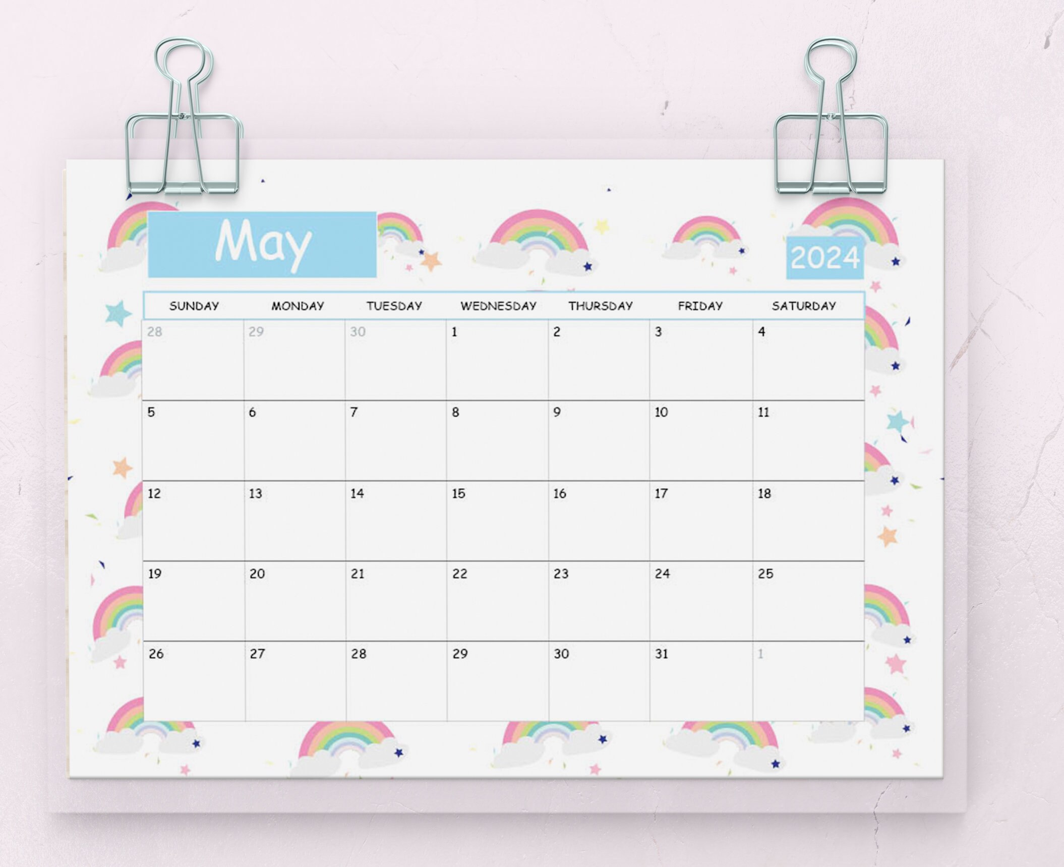 RAINBOW CALENDAR 2024 Printable for Instant Download Kids Monthly ...