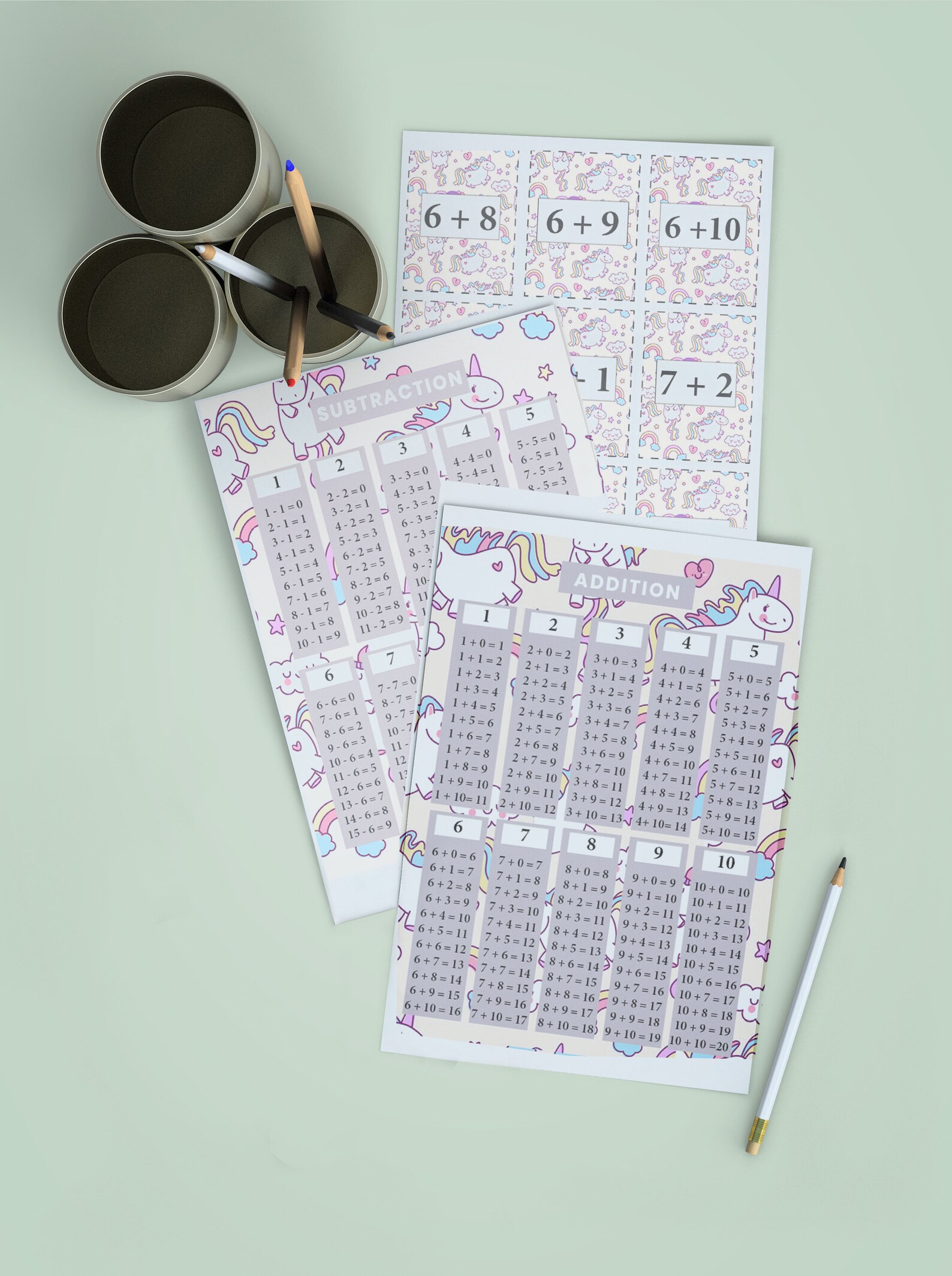 ADDITION & SUBTRACTION TABLE Chart Unicorn Printable With Flash Cards ...