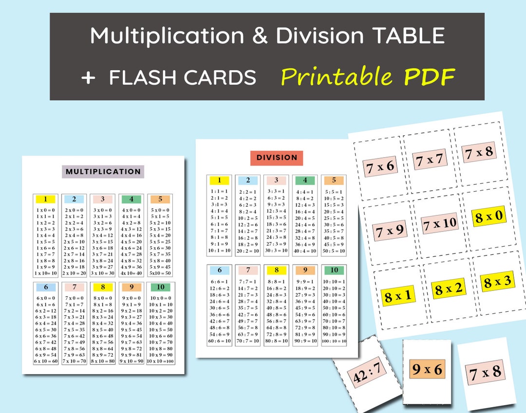 MULTIPLICATION & DIVISION TABLE Chart Printable With Flash Cards ...