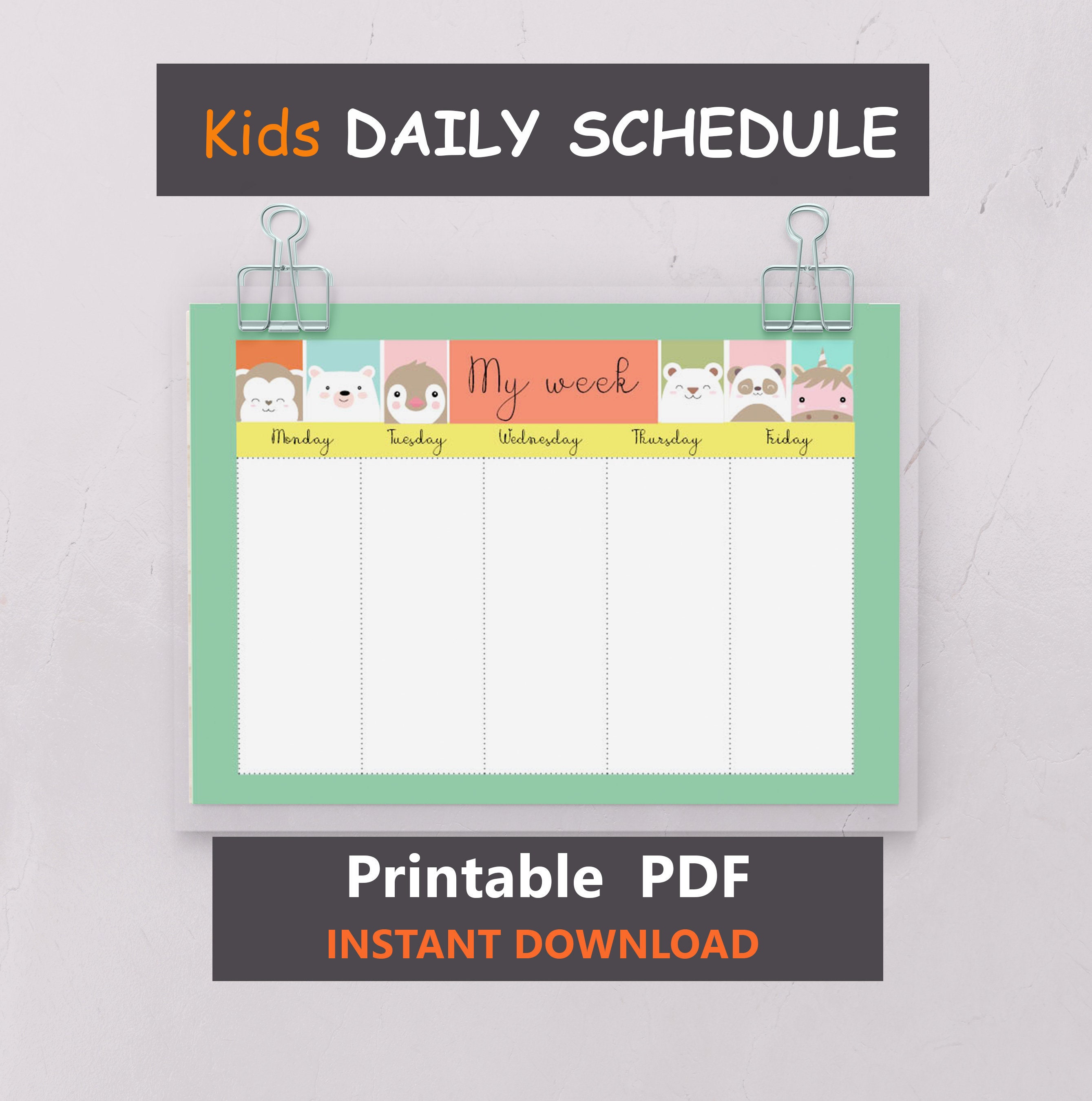 KIDS DAILY SCHEDULE Animals Printable for Instant Download Horizontal ...