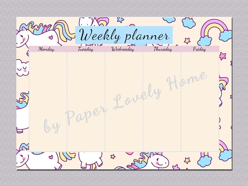 UNICORN WEEKLY SCHEDULE Printable for Instant Download Horizontal ...