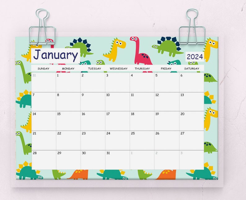 DINOSAUR CALENDAR 2024 PRINTABLE for Instant Download Dinosaur Planner ...