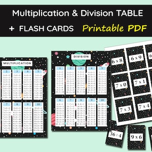 Space MULTIPLICATION & DIVISION TABLE Chart Printable With Flash Cards ...