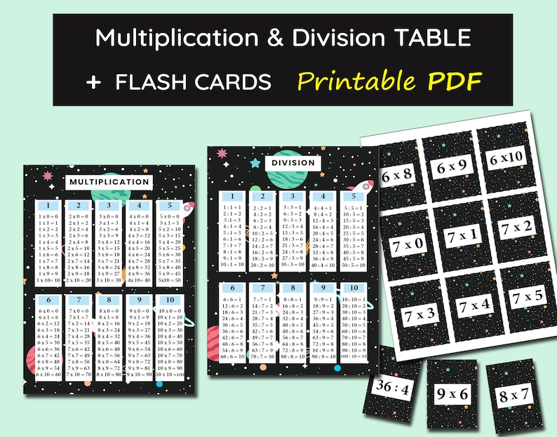 Space MULTIPLICATION & DIVISION TABLE Chart Printable With Flash Cards ...