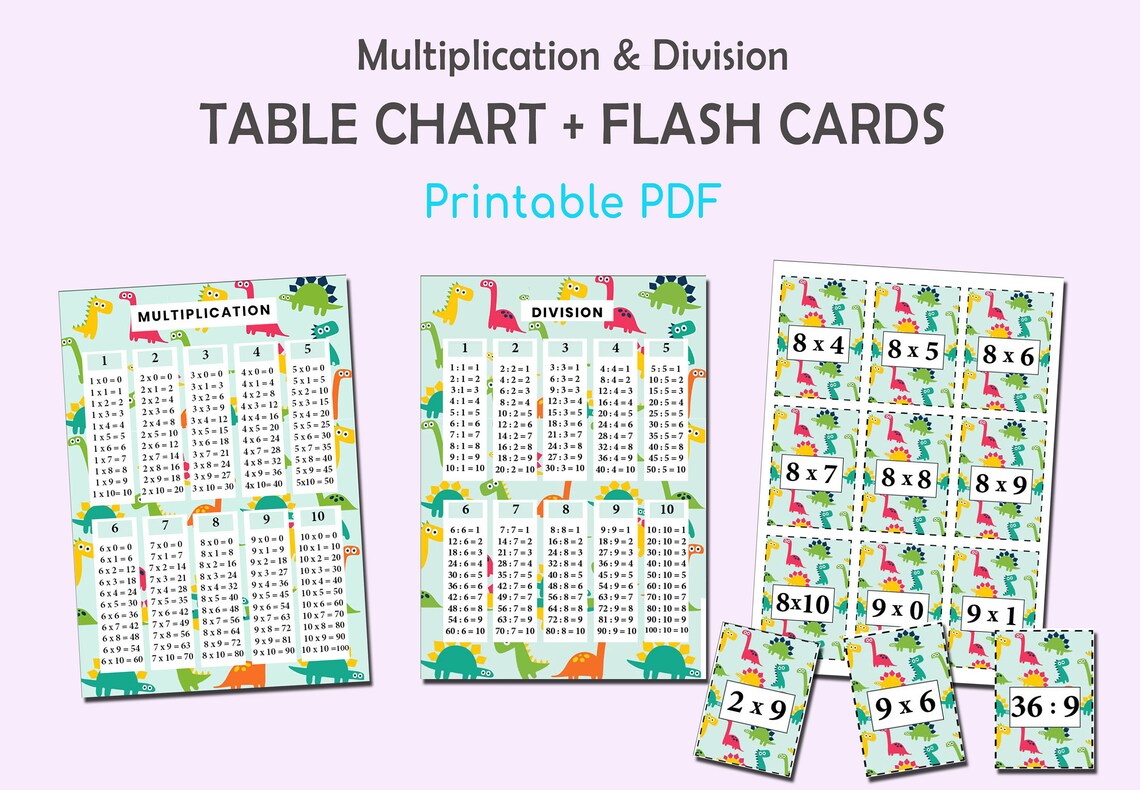 MULTIPLICATION & DIVISION TABLE Chart Dinosaur Printable With Flash ...