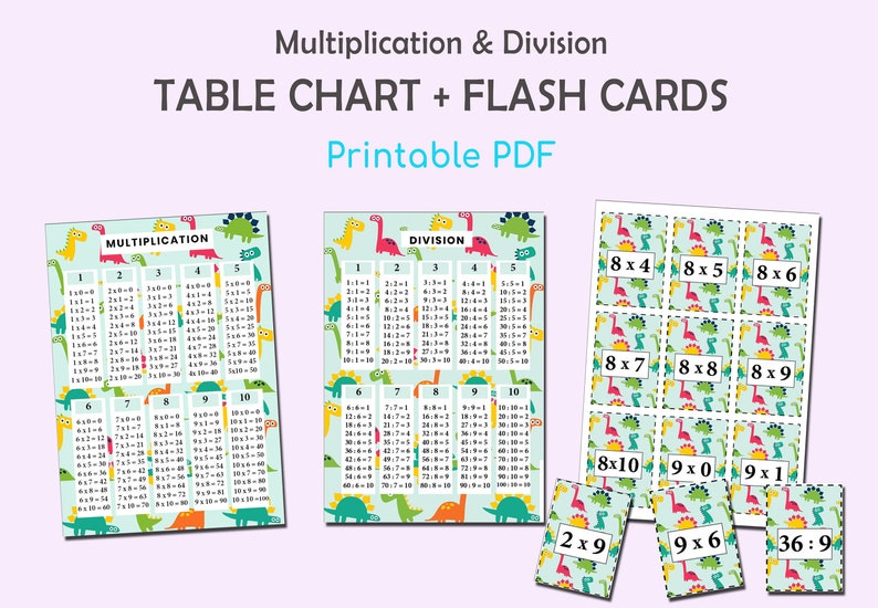 MULTIPLICATION & DIVISION TABLE Chart Dinosaur Printable With Flash ...