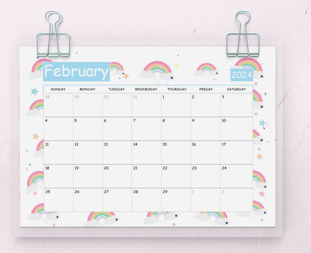 RAINBOW CALENDAR 2024 Printable for Instant Download Kids Monthly ...