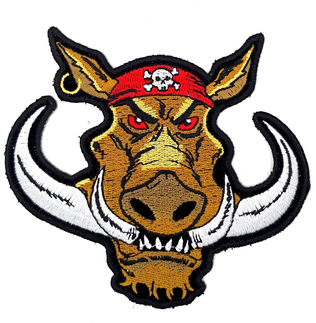 Tusked Biker Hawg With Pirate Bandana Iron on Embroidered Patch 4.5"x 4 ...