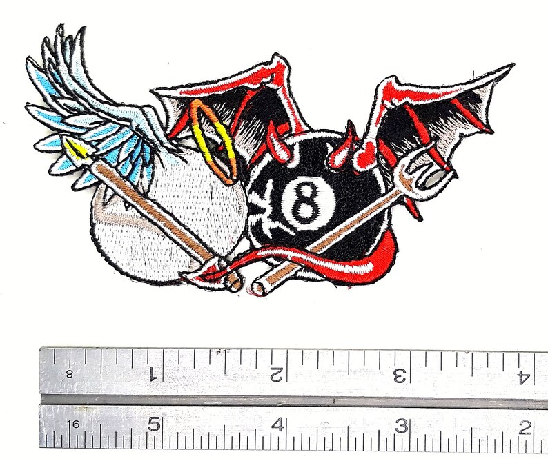 Devil 8 Ball Angel Cue Ball Iron on Sew on Embroidered Patch 4 " X 2 1/ ...