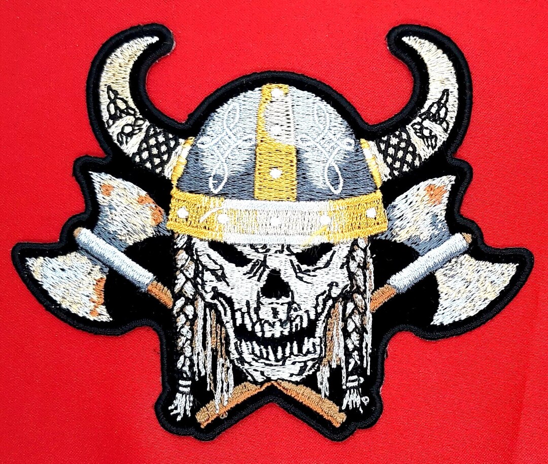 Viking Skull With Battle Axes Sew-on Iron-on Embroidered Patch 4 1/2" X ...