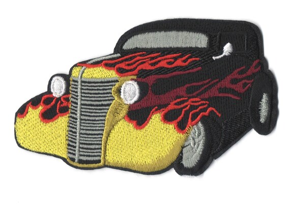 Black Hot Rod With Flames Iron On Sew On Embroidered Patch 4 | Etsy