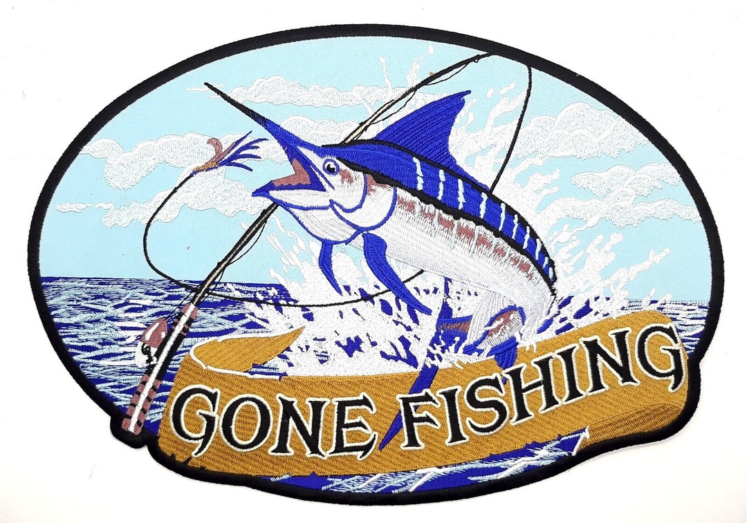 Gone Fishing - Blue Marlin Iron on Embroidered Back Patch 12"x 8 3/8 ...