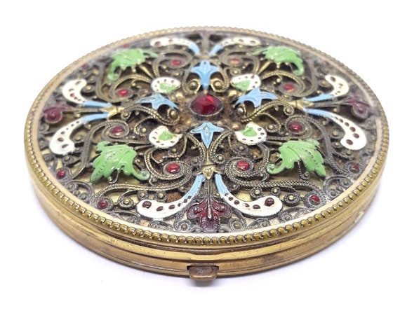 Evans Gold Ormolu Filigree Enamel & Jeweled Rhineston… - Gem