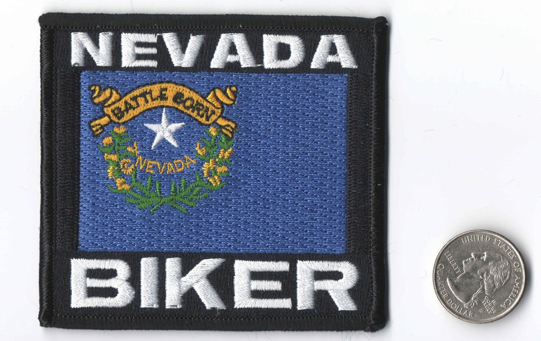 Nevada Biker Bandera Hierro en coser en bordado parche 3 1/2 x 3 1/8 ...