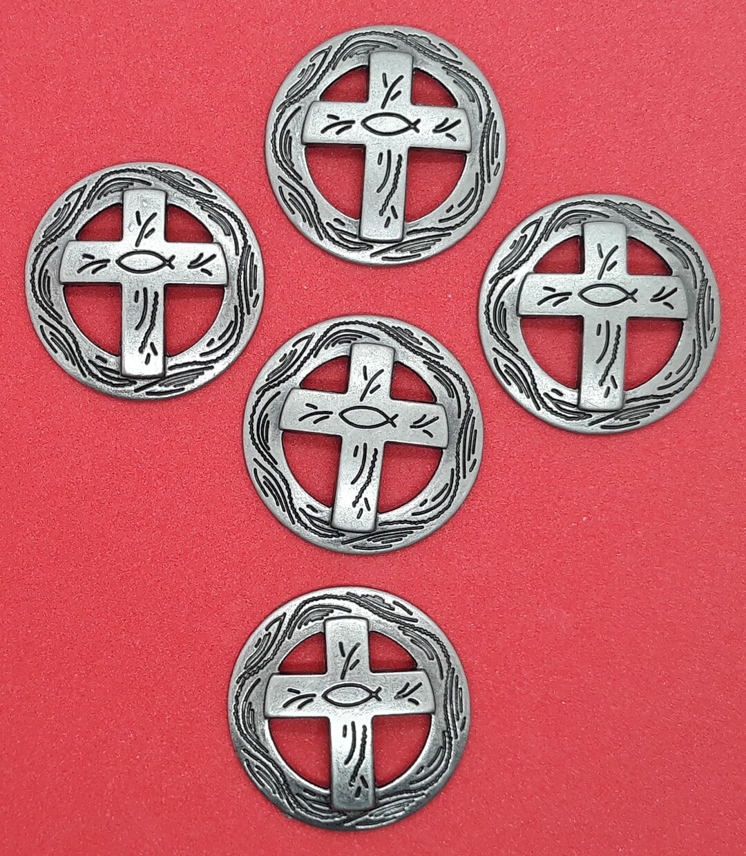 Christian Cross / Crucifix - Fish - Pewter Conchos / Concho 1 1/4" 5 ...