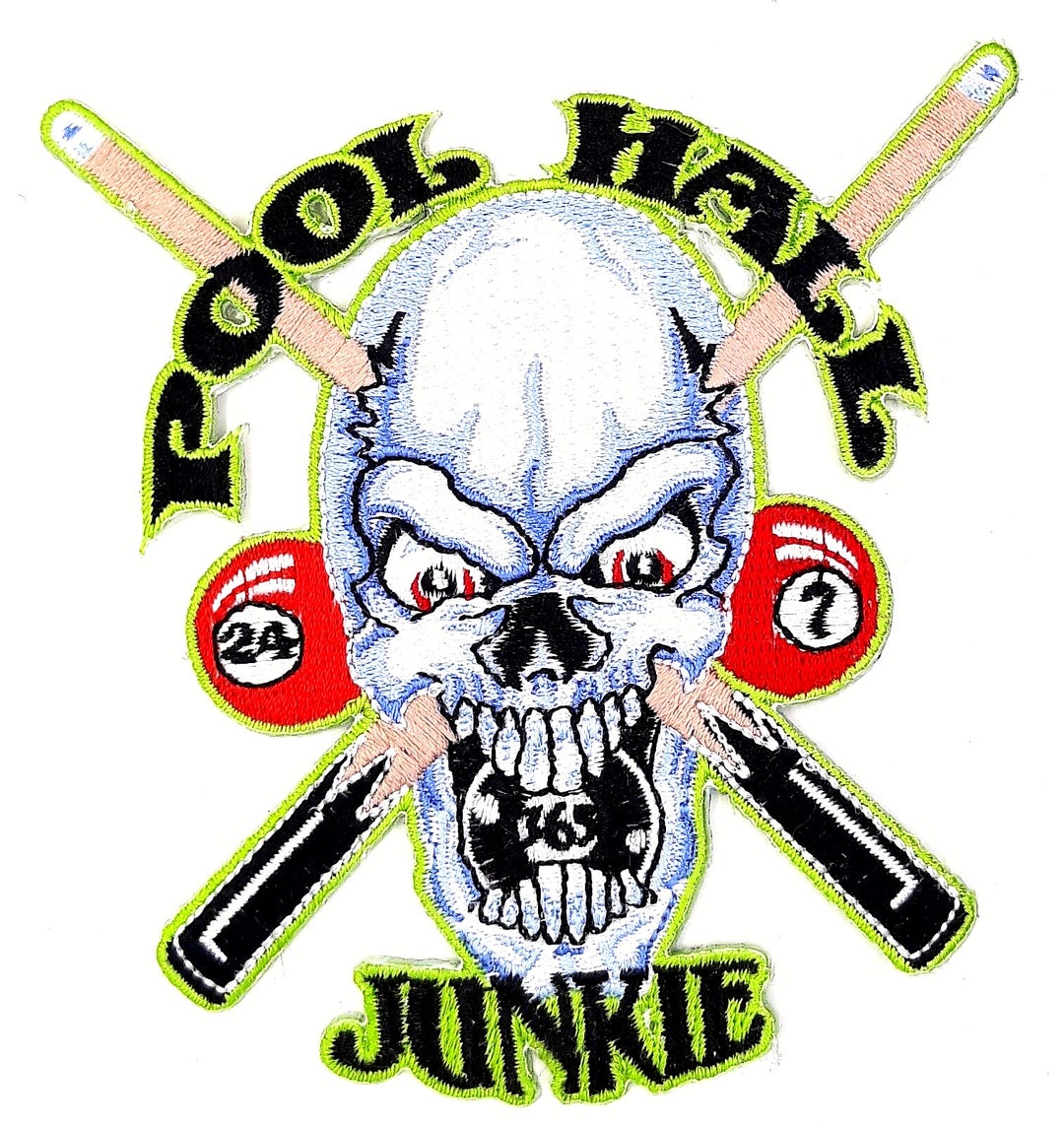 Pool Hall Junkie Skull & Crossed Cue Sticks Iron on Embroidered Patch 3 ...