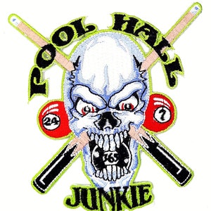 Pool Hall Junkie Skull & Crossed Cue Sticks Iron on Embroidered Patch 3 ...