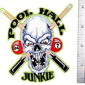 Pool Hall Junkie Skull & Crossed Cue Sticks Iron on Embroidered Patch 3 ...
