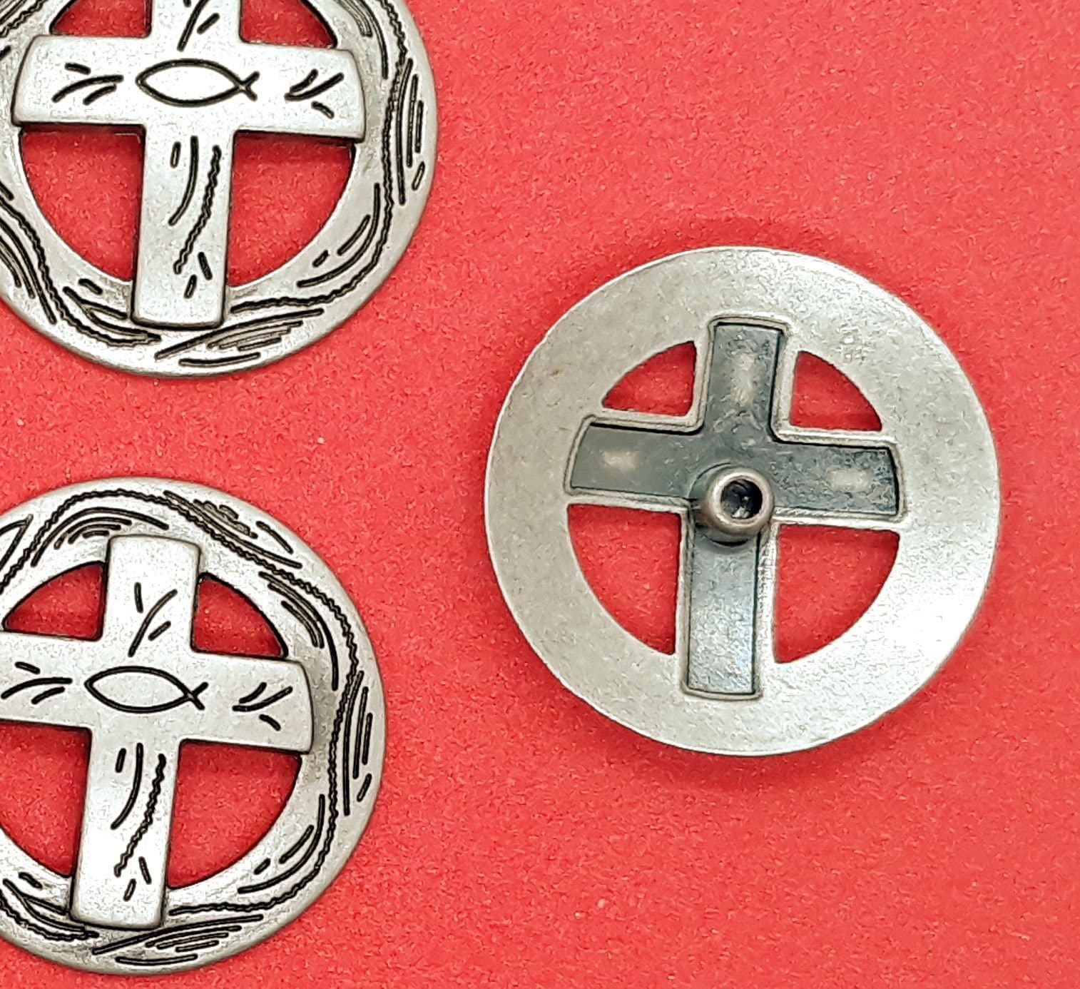 Christian Cross / Crucifix - Fish - Pewter Conchos / Concho 1 1/4