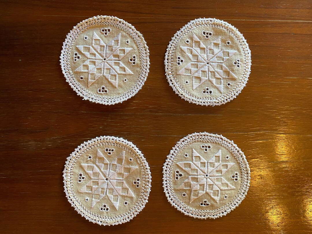Lefkara Laces - Set of 4 Handmade Beige and White Coasters, Traditional ...