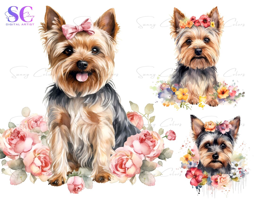 Yorkshire Terrier With Wild Flowers Clipart Bundle, 15 High Quality ...
