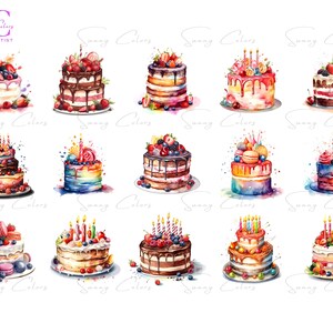 Watercolor Birthday Cakes Clipart Bundle, 15 High Quality Jpgs ...