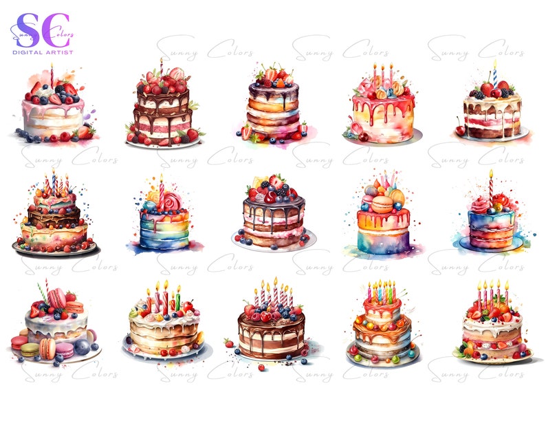 Watercolor Birthday Cakes Clipart Bundle 15 High Quality - Etsy