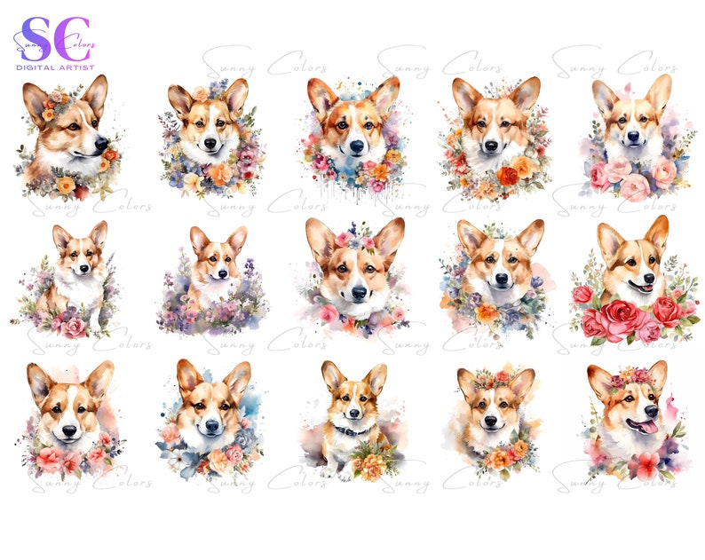 Corgi With Flowers Clipart Bundle Watercolor Sublimation - Etsy