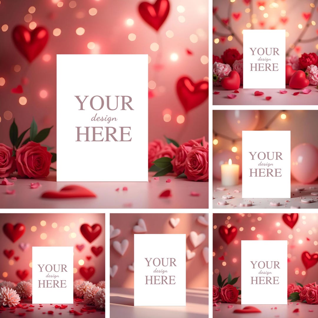 5 Valentine's Day Card Mockups, Card Mockup Bundle, 5x7 Mockups, Invite ...