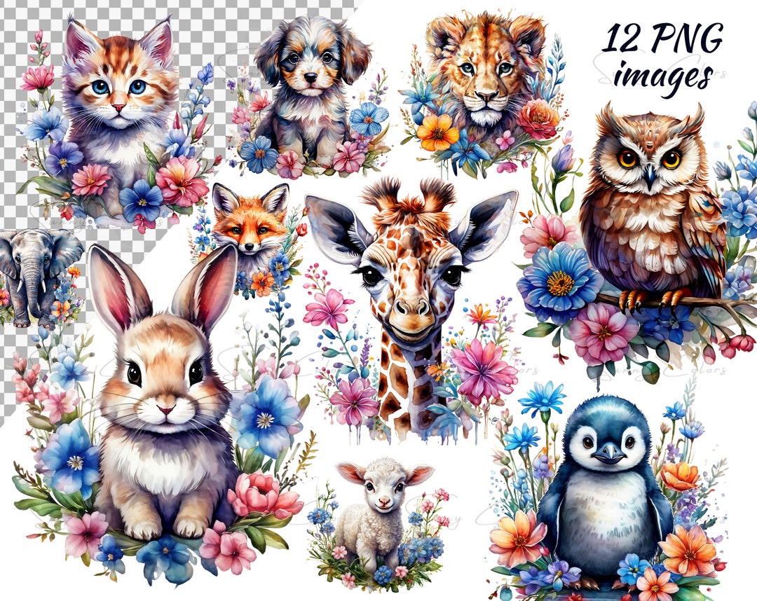 Baby Animals With Flowers Clipart Bundle 12 PNG - Watercolor PNG ...