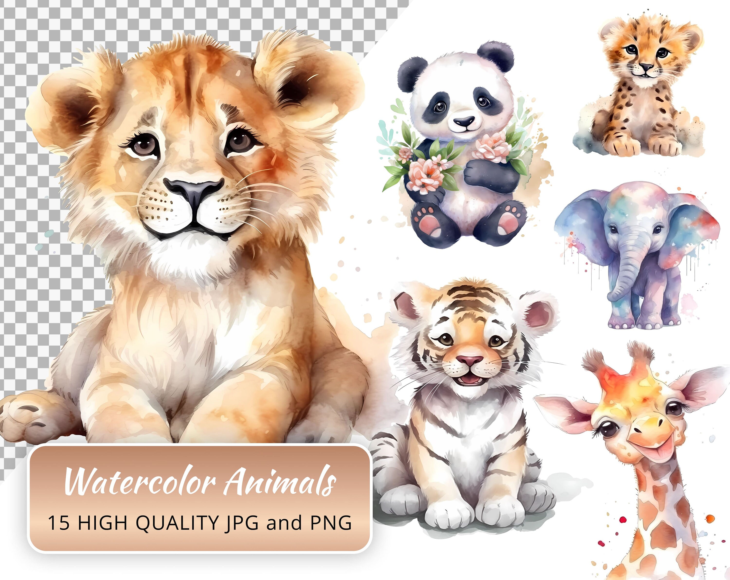 Baby Animals Clipart PNG Bundle 15 Transparent Watercolor - Etsy