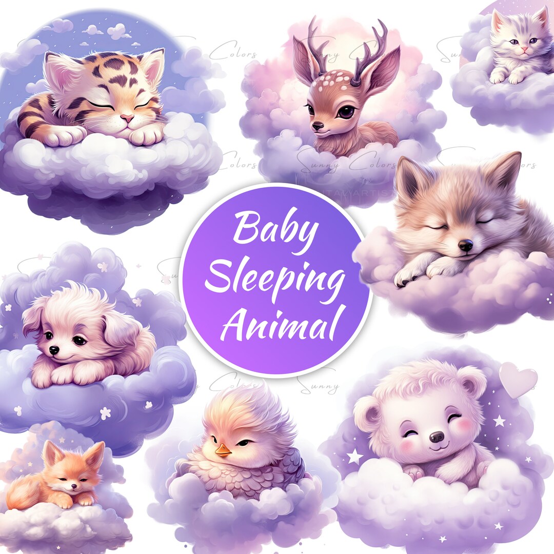 Watercolor Baby Animals Clipart Bundle PNG, Cute Sleeping Baby Animals ...