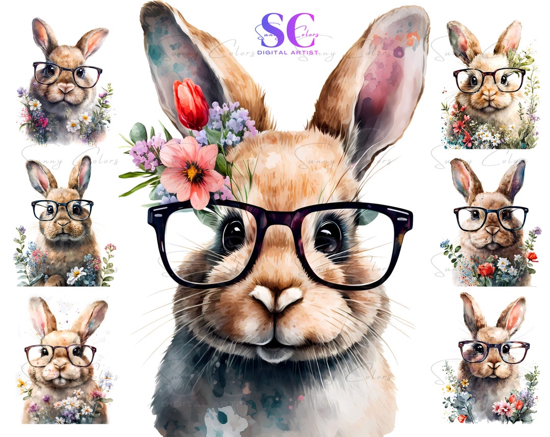 Cute Bunny With Glasses Clipart Bundle - 15 High Quality Watercolor ...