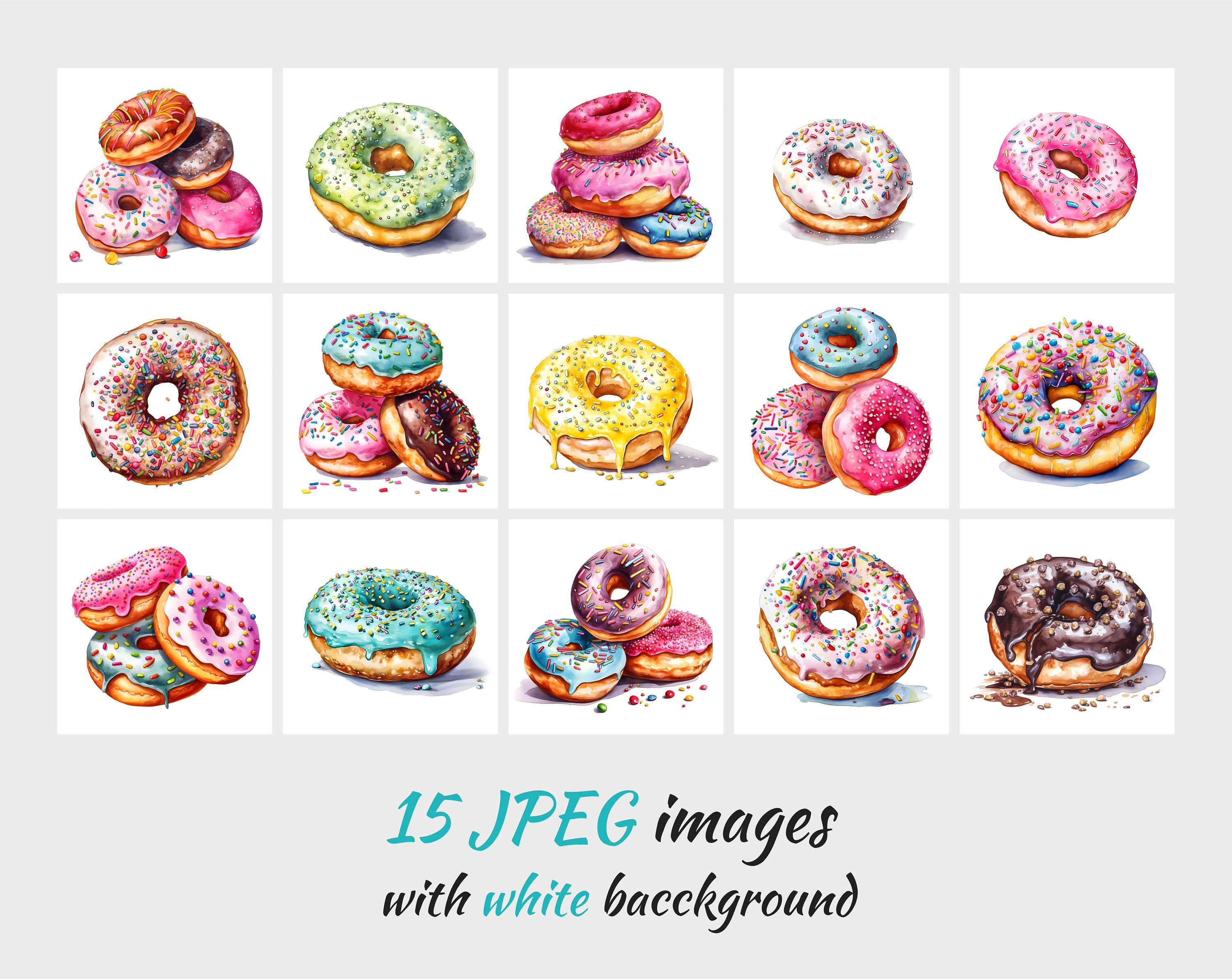 Donut Clipart Bundle 15 High Quality PNG Jpgs Watercolor - Etsy